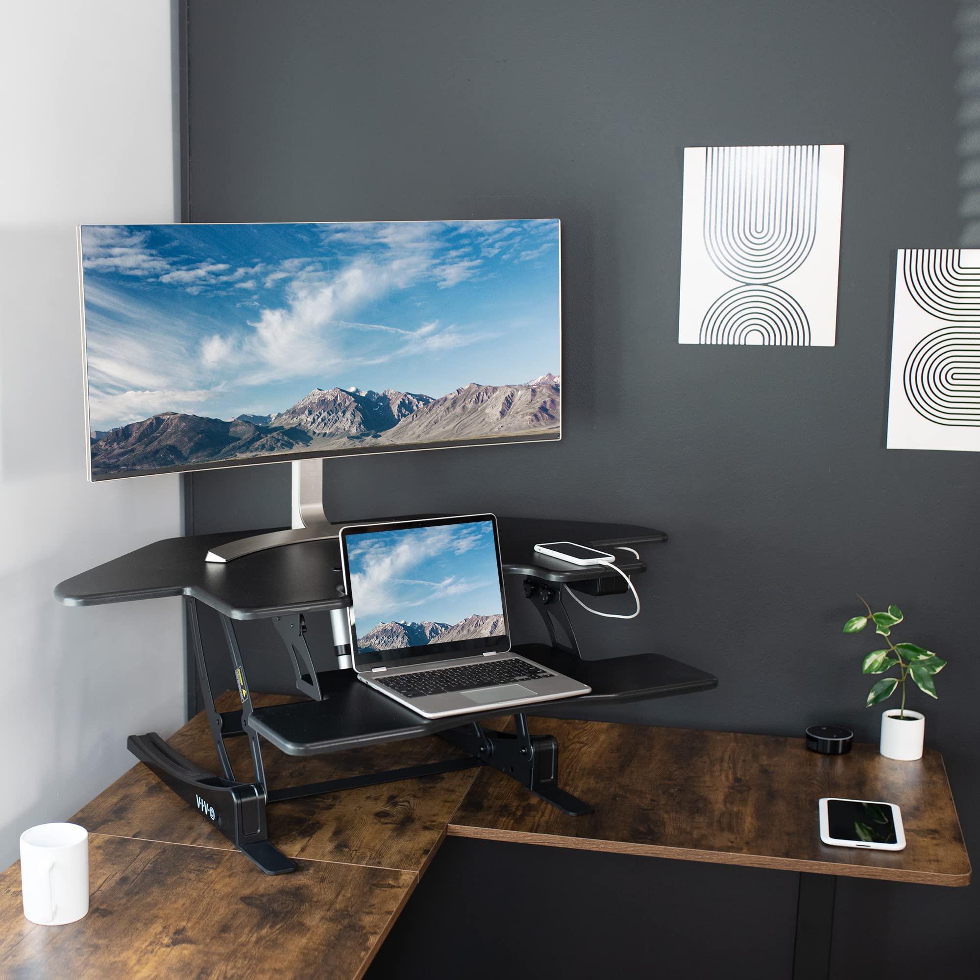 VIVO Black Electric Corner Height Adjustable 43 inch Cubicle Standing Desk Converter, Quick Sit to Stand Tabletop Dual Monitor Riser, DESK-V000VCE