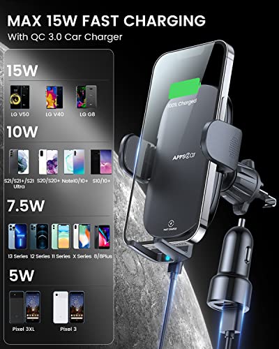 APPS2Car Wireless Car Charger Mount Vent, 15W Fast Charging Wireless Car Phone Charger, Compatible with iPhone 14 Pro/14, Samsung Galaxy S22/S21/S20, etc.