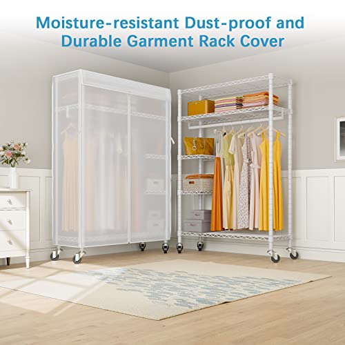 VIPEK V11C Garment Rack Rolling Clothes Rack Heavy Duty Portable Closets with Lockable Wheels Adjustable Metal Wire Shelves Wardrobe White Clothing Rack with Frosted Translucent Cover, Max Load 452LBS
