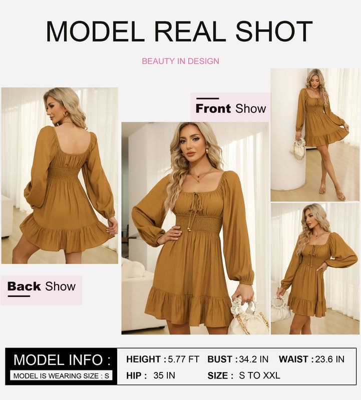 Dokotoo Womens Square Neck Sexy Dresses Long Lantern Sleeve Ruffle A-Line Brown Dresses for Women Smocked Tie Bow Elastic Waist Short Mini Dresses Large