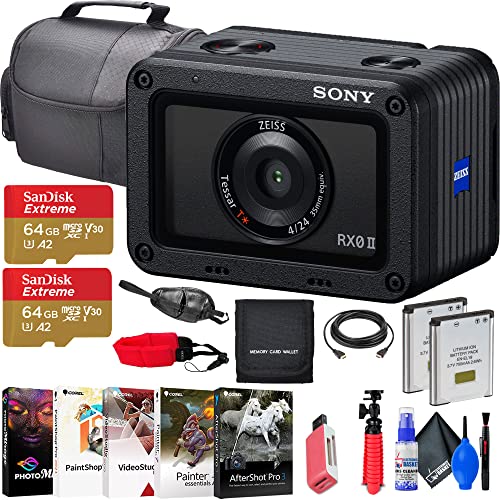 Sony RX0 Ultra-Compact Waterproof/Shockproof Camera (DSC-RX0) + 2 x 64GB Memory Card + 3 x ENEL19 Battery + Case + Card Reader + Corel Photo Software + Flex Tripod + Memory Wallet + More