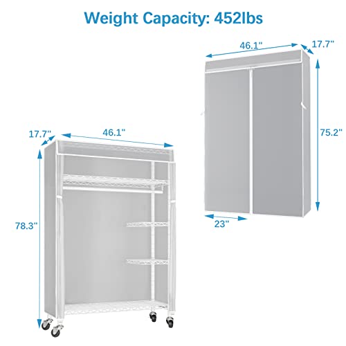 VIPEK V11C Garment Rack Rolling Clothes Rack Heavy Duty Portable Closets with Lockable Wheels Adjustable Metal Wire Shelves Wardrobe White Clothing Rack with Frosted Translucent Cover, Max Load 452LBS