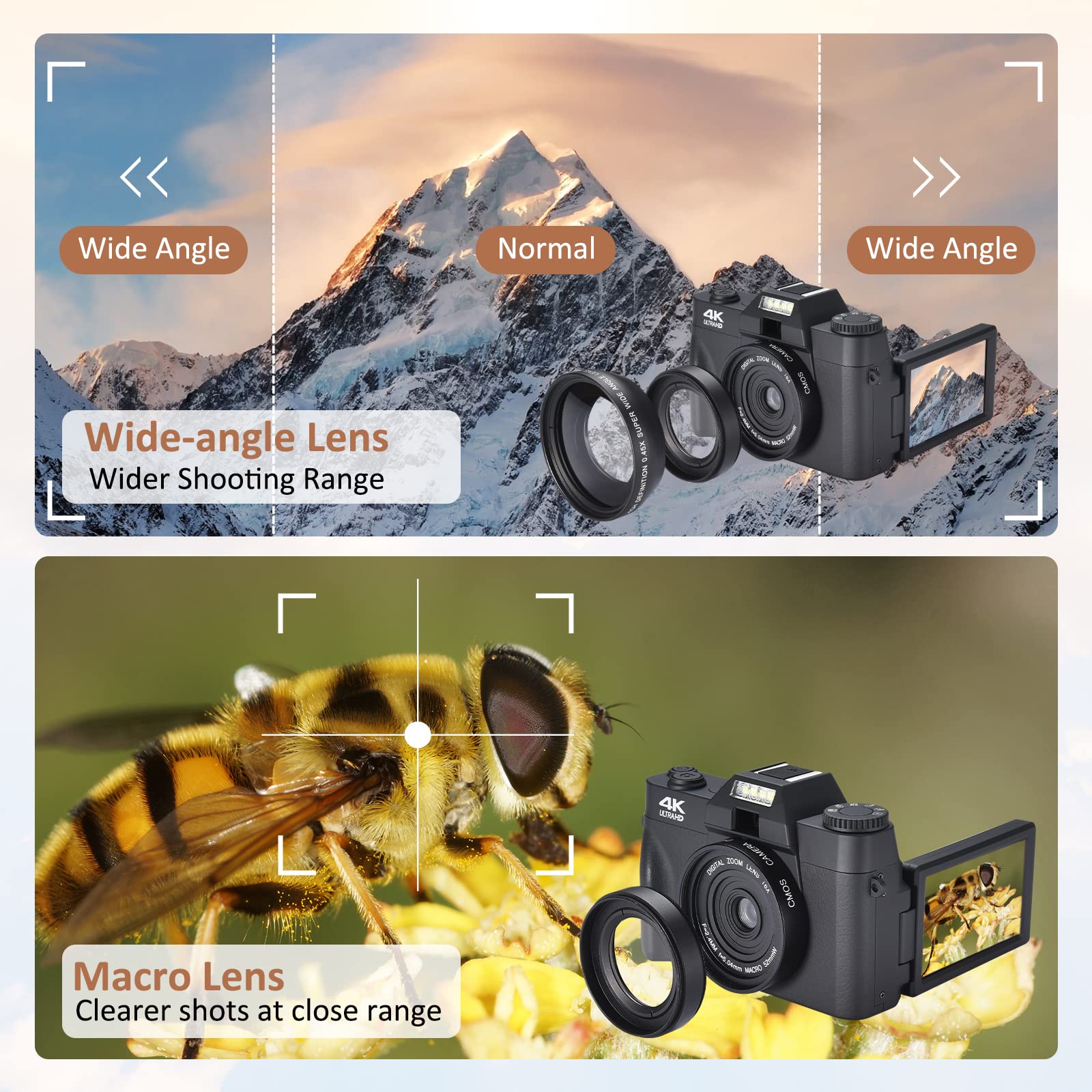4K Digital Camera for Photography Autofocus Anti-Shake 48MP Vlogging Camera with 64GB Micro Card, 3'' 180° Flip Screen 16X Digital Zoom Travel Camera with Wide-Angle Lens & Macro Lens, 2 Batteries