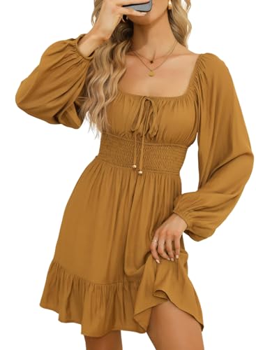 Dokotoo Womens Square Neck Sexy Dresses Long Lantern Sleeve Ruffle A-Line Brown Dresses for Women Smocked Tie Bow Elastic Waist Short Mini Dresses Large
