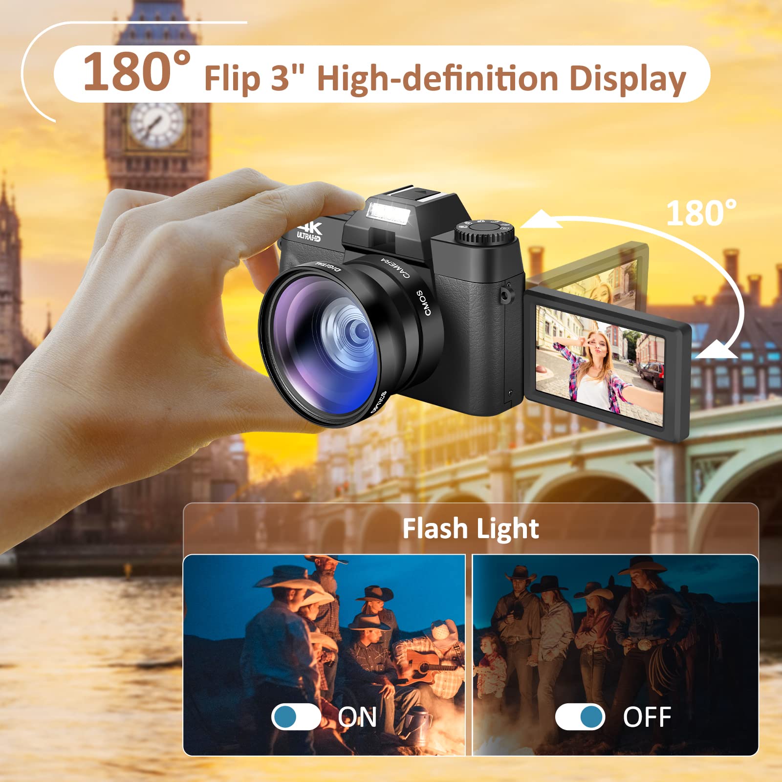 4K Digital Camera for Photography Autofocus Anti-Shake 48MP Vlogging Camera with 64GB Micro Card, 3'' 180° Flip Screen 16X Digital Zoom Travel Camera with Wide-Angle Lens & Macro Lens, 2 Batteries