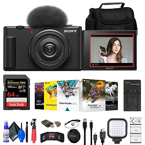 Sony ZV-1F Vlogging Camera (Black) (ZV1FB) + Case + 64GB Card + 2 x NP-BX1 Battery + Card Reader + Corel Photo Software + LED Light + Charger + Flex Tripod + Memory Wallet + More (Renewed)
