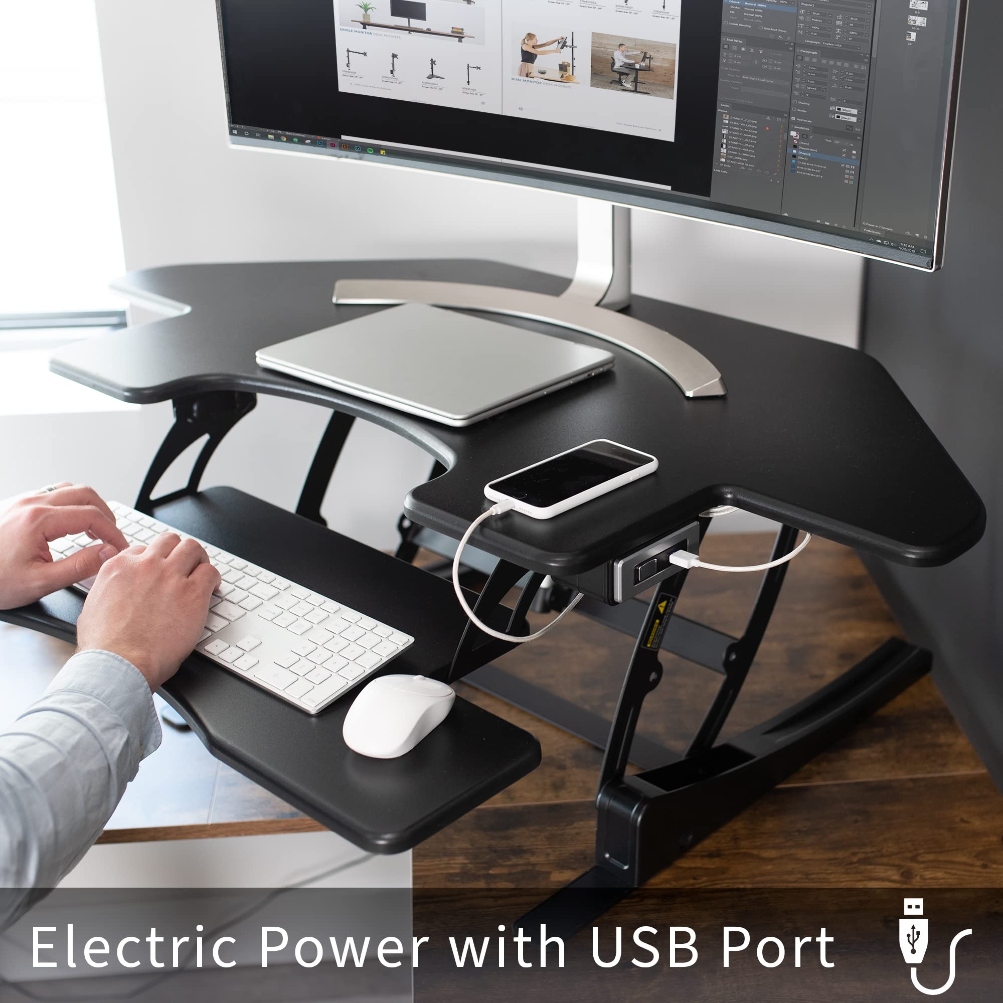 VIVO Black Electric Corner Height Adjustable 43 inch Cubicle Standing Desk Converter, Quick Sit to Stand Tabletop Dual Monitor Riser, DESK-V000VCE