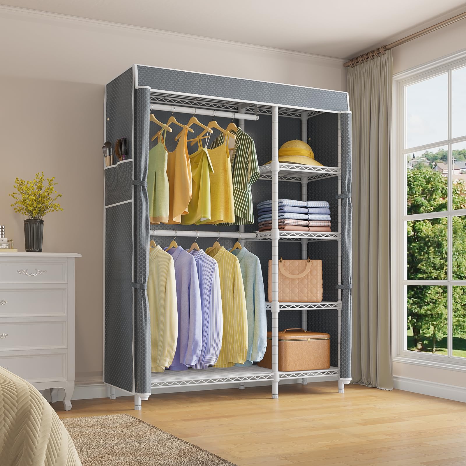 VIPEK V7C Basic Garment Rack with Cover Portable Closets for Hanging Clothes, Heavy Duty Clothes Rack with Shelves Metal Closet Wardrobe, Max 670lbs, White Rack with Grey Upgraded Polyester Cover