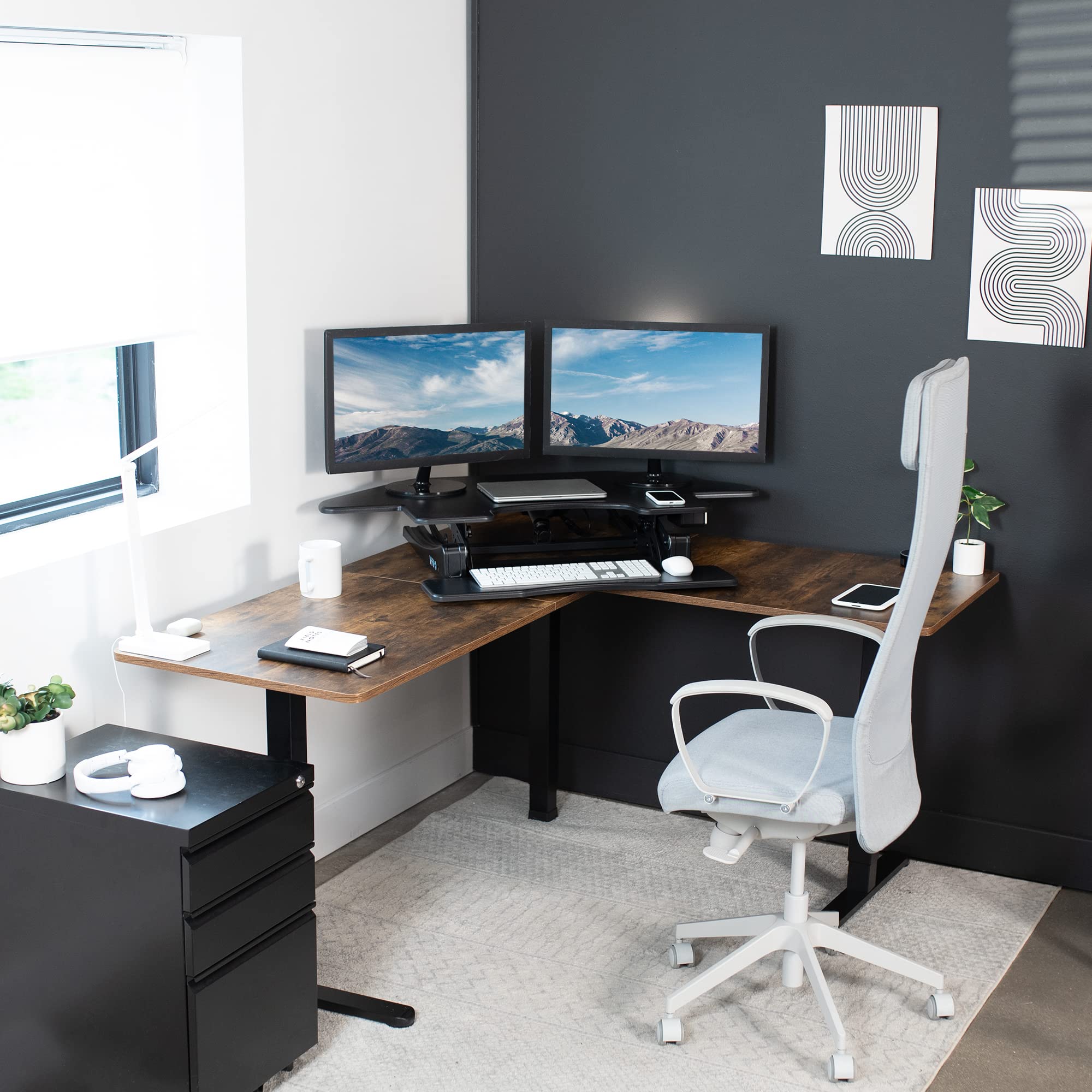 VIVO Black Electric Corner Height Adjustable 43 inch Cubicle Standing Desk Converter, Quick Sit to Stand Tabletop Dual Monitor Riser, DESK-V000VCE
