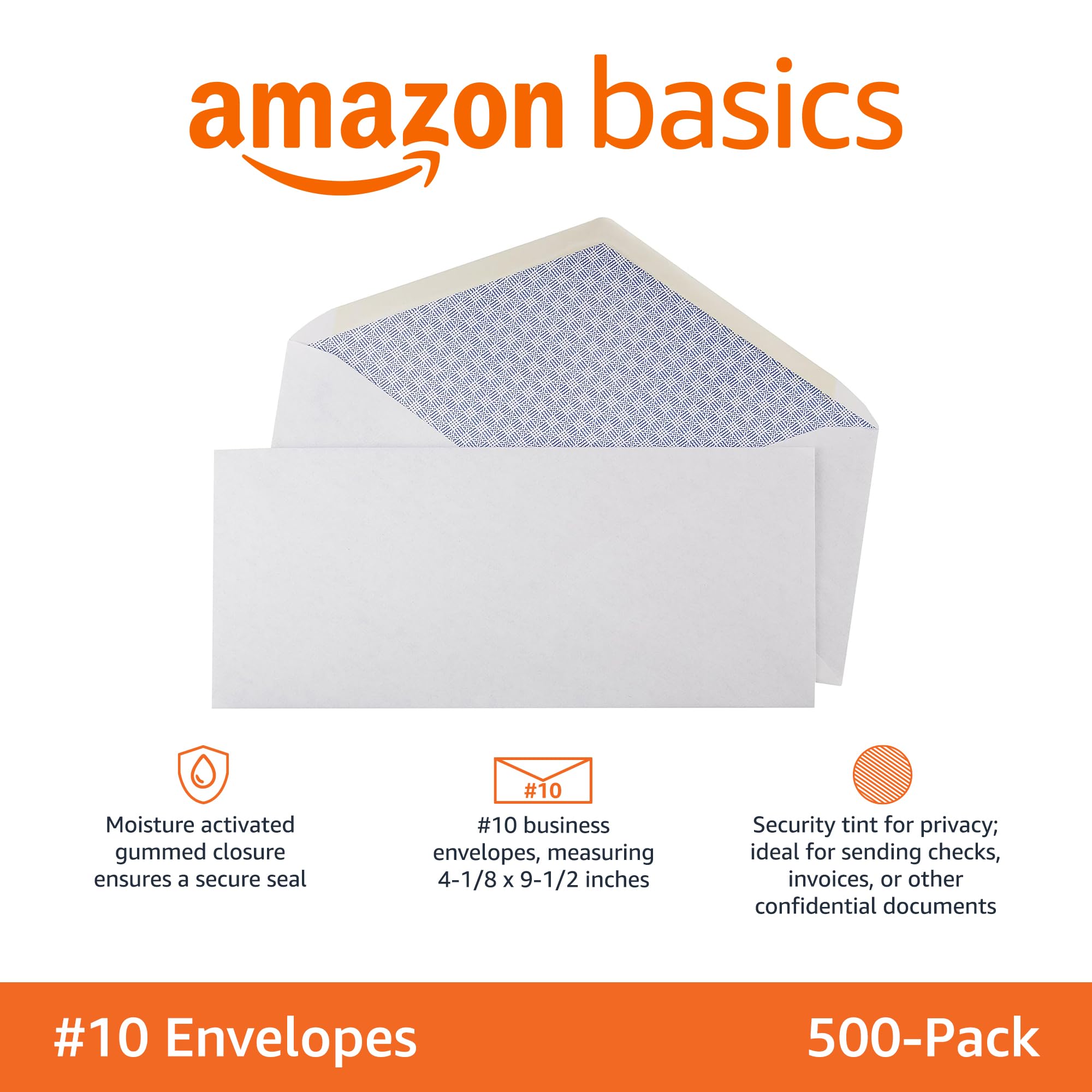 Amazon Basics #10 Security Tinted Business Envelopes, Moisture Sealed, 4-1/8 x 9-1/2 Inch - Pack of 500, White