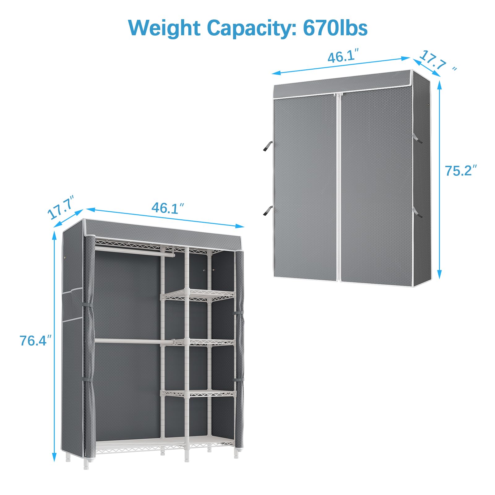 VIPEK V7C Basic Garment Rack with Cover Portable Closets for Hanging Clothes, Heavy Duty Clothes Rack with Shelves Metal Closet Wardrobe, Max 670lbs, White Rack with Grey Upgraded Polyester Cover
