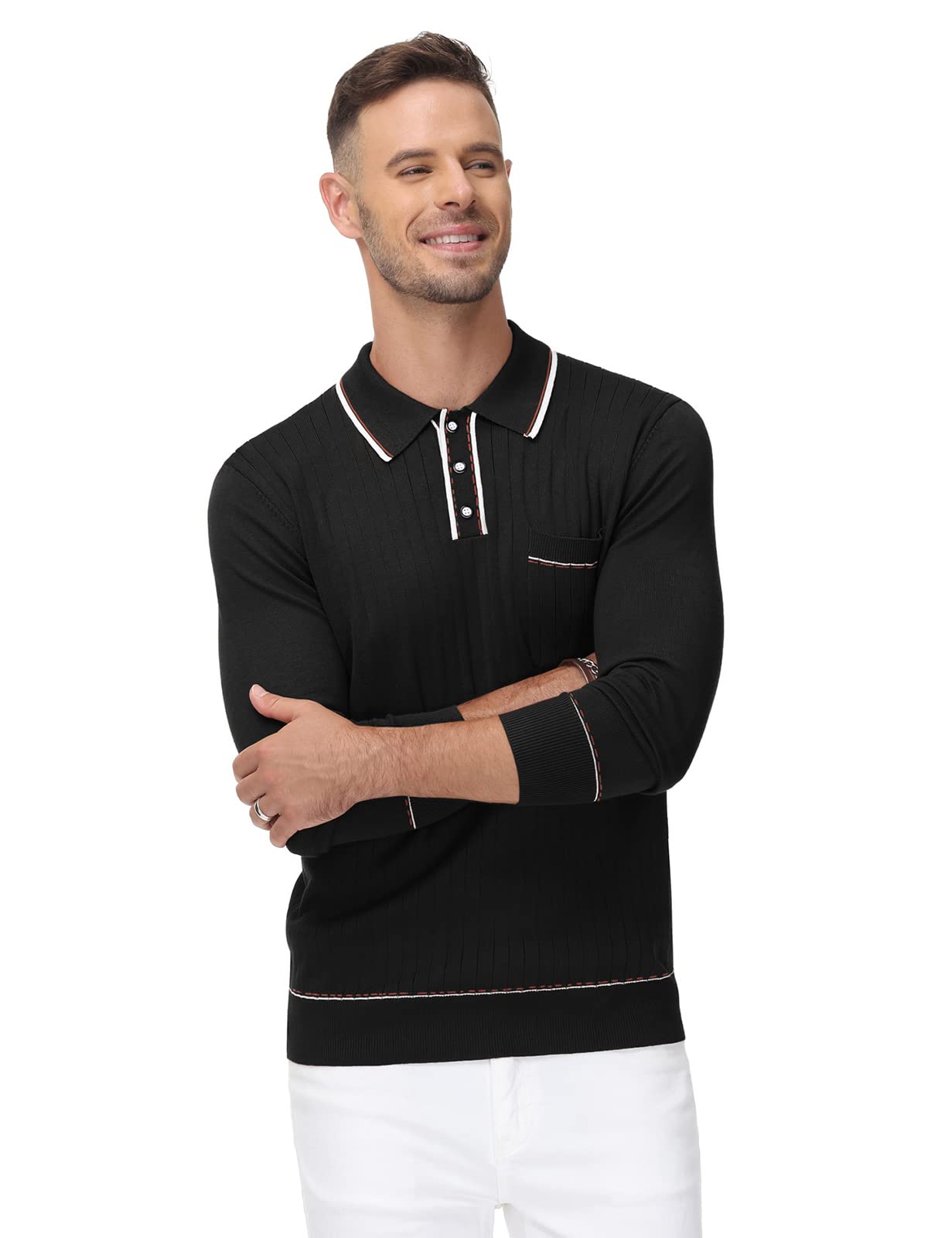 PJ PAUL JONES Mens Vintage Knit Sweater Long Sleeve Lapel Collar Pullover Sweater Black XL