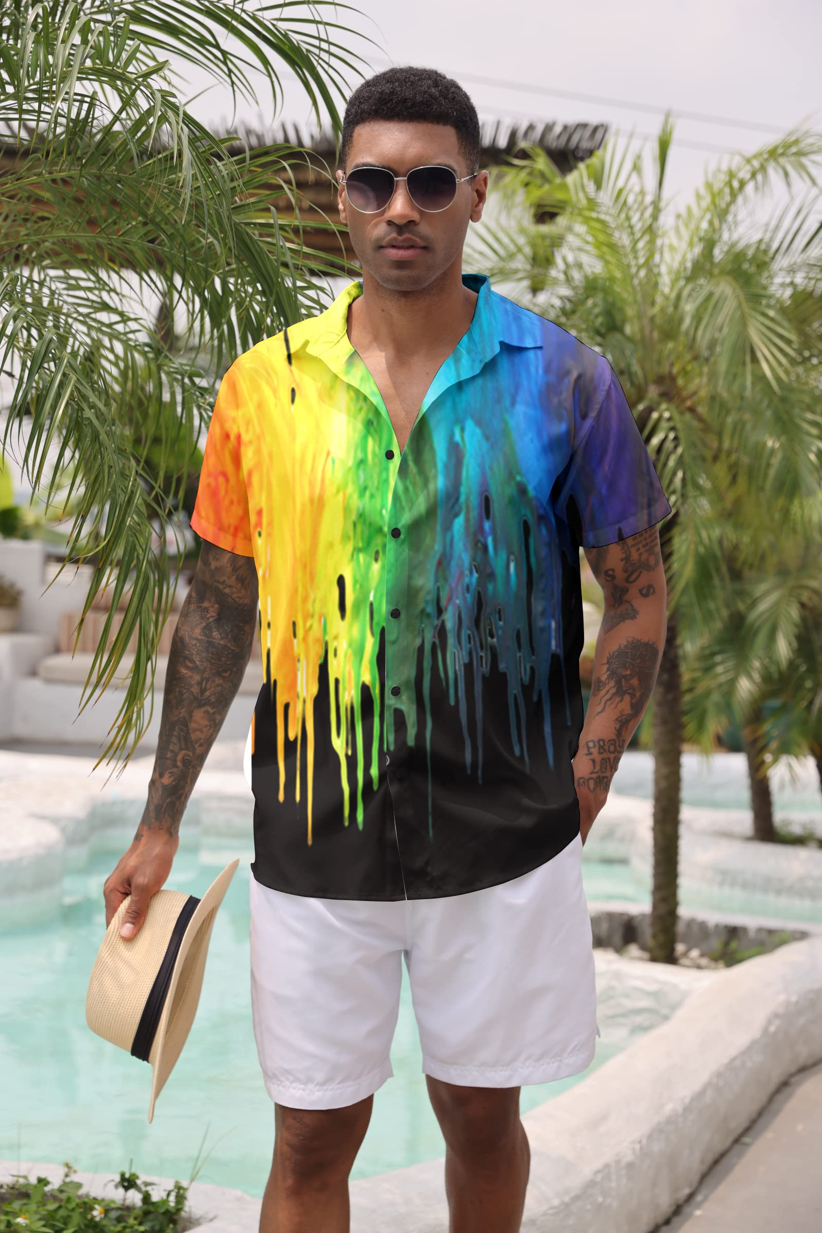 Hawaiian Men's Paint Button Down Shirts Gay Pride Black Pigment Tie Dyed Graphic Rainrow Short Sleeve Blouse Tee Top Black Aloha Colorful Shirt