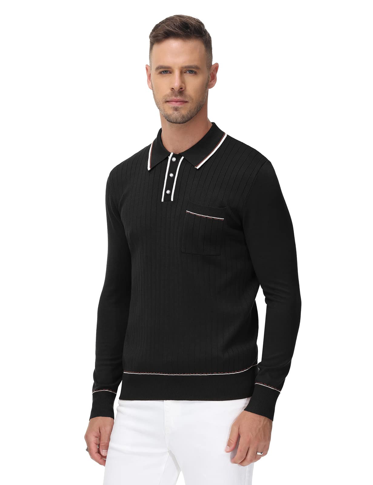 PJ PAUL JONES Mens Vintage Knit Sweater Long Sleeve Lapel Collar Pullover Sweater Black XL