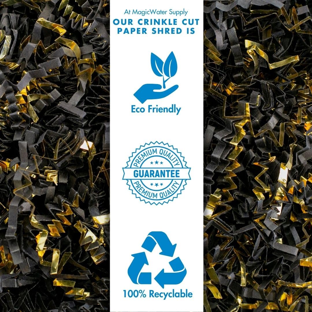 MagicWater Supply Crinkle Cut Paper Shred Filler (4 oz) for Gift Wrapping & Basket Filling - Black & Gold
