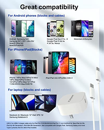 USB C Charger 2 Pack, 20W USB C Fast Charger Block for Apple iPad Pro/Air/Mini & MacBook, for Samsung Galaxy S23/S22/S21/S20/Note 20/Z Fold/Flip 4, Flat USB Wall Charger with 5ft USB C to USB C Cable