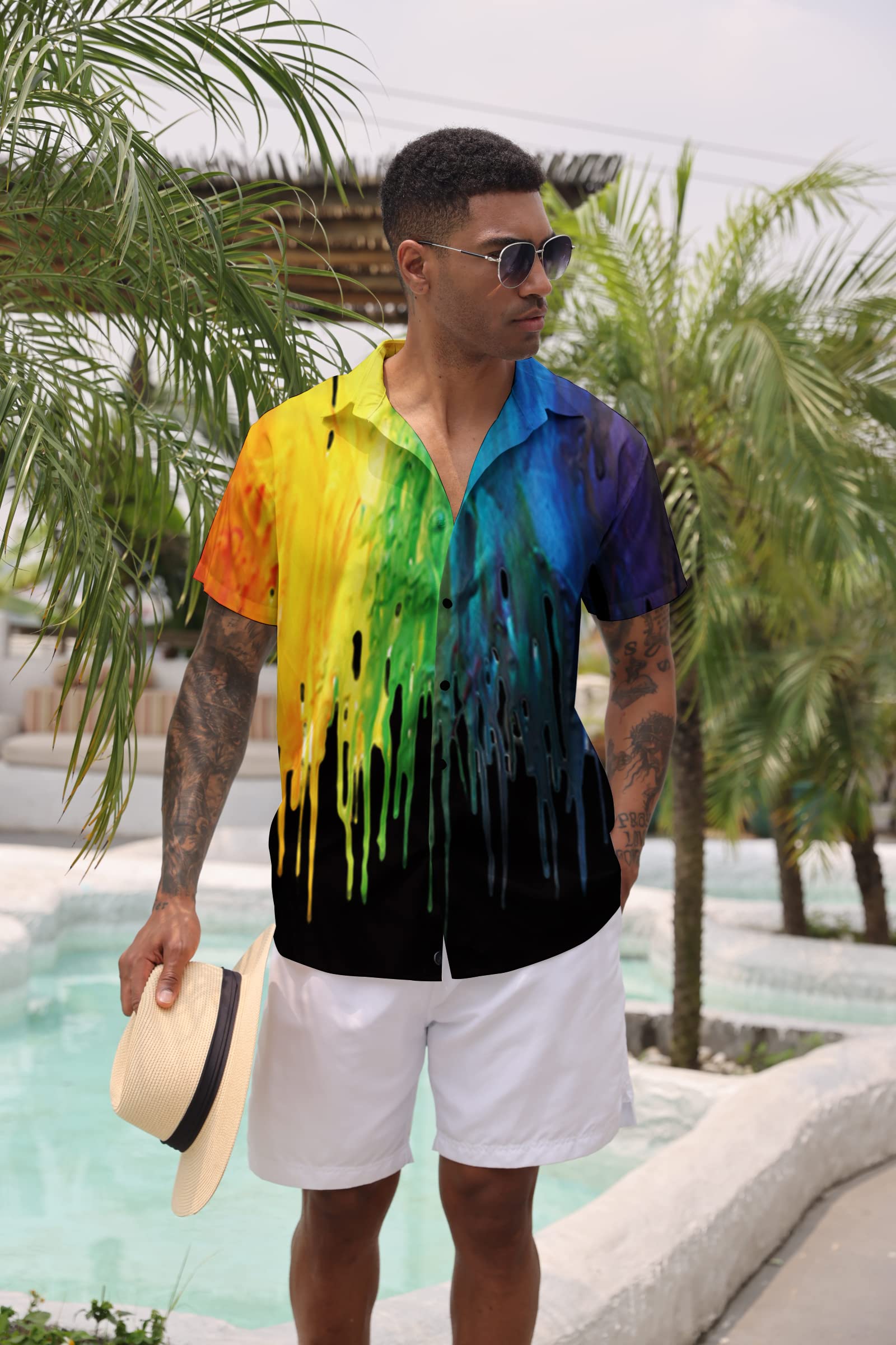 Hawaiian Men's Paint Button Down Shirts Gay Pride Black Pigment Tie Dyed Graphic Rainrow Short Sleeve Blouse Tee Top Black Aloha Colorful Shirt