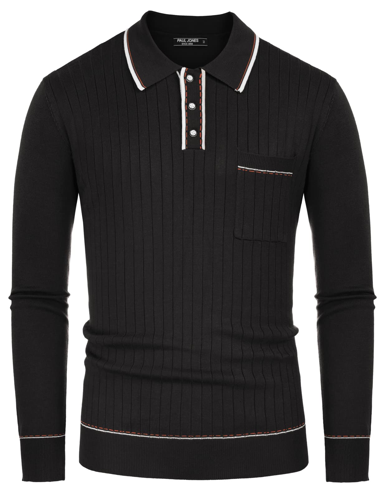 PJ PAUL JONES Mens Vintage Knit Sweater Long Sleeve Lapel Collar Pullover Sweater Black XL