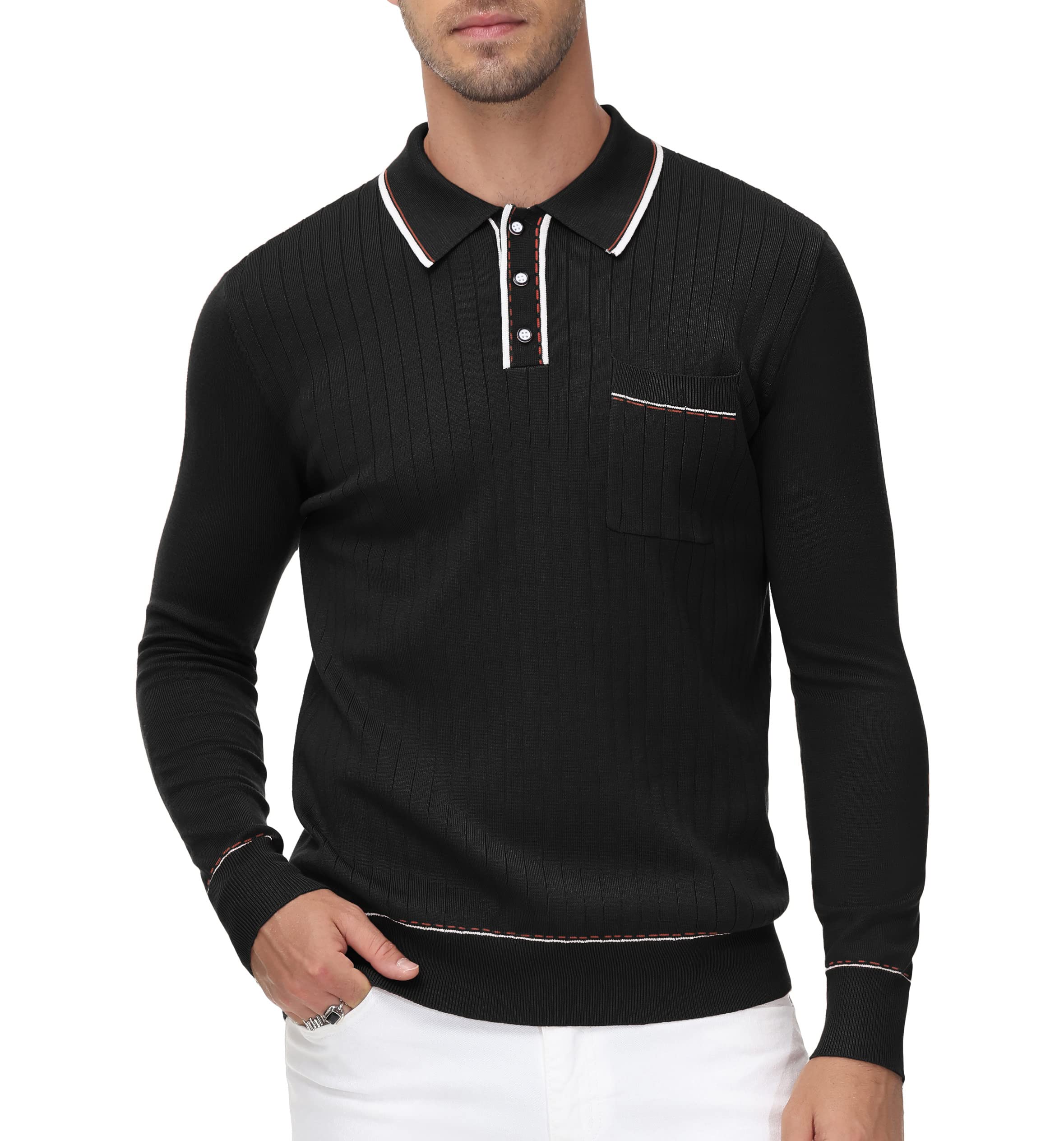 PJ PAUL JONES Mens Vintage Knit Sweater Long Sleeve Lapel Collar Pullover Sweater Black XL