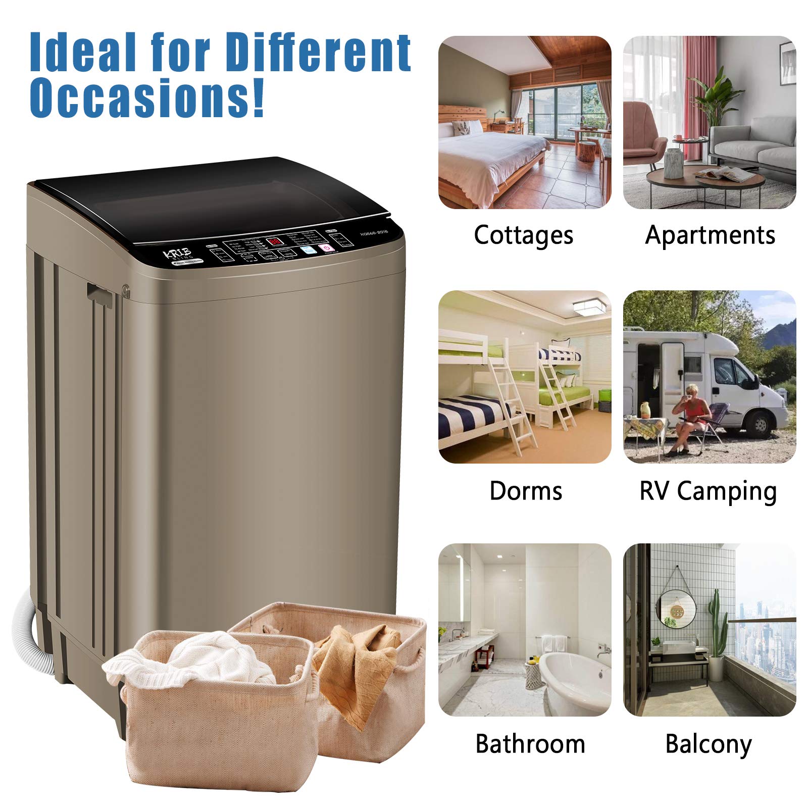 Full-Automatic Washing Machine 15.6lbs, Krib Bling Portable Compact Laundry Washer with Drain Pump, 10 Wash Programs 8 Water Levels with LED Display