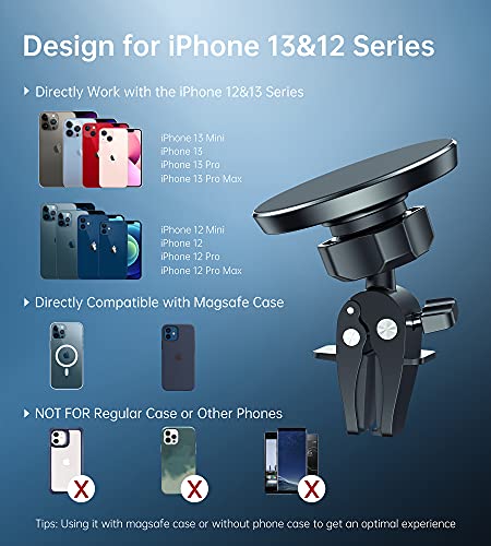 Magnetic Car Mount Phone Holder - Mag Safe Air Vent Phone Mount for Car Compatible with iPhone 14 13 12 Pro Max Mini Plus, Mag Safe Case, 360° Adjustable Mag Safe Car Mount Phone Holder for All Phone