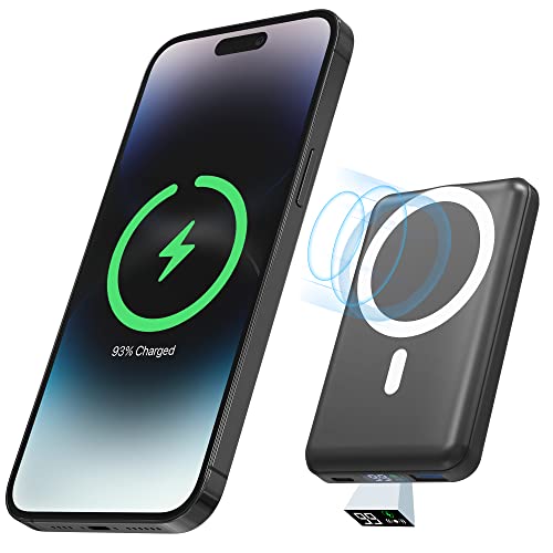 podoru Wireless Portable Charger, 10000mAh Magnetic Power Bank with Type-C Cable LED Display 22.5W PD Fast Charging Lighting Mag-Safe Battery Pack for iPhone 14/13/12/Mini/Pro/Pro Max-Black