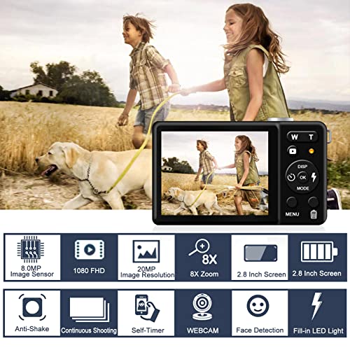Digital Camera 1080P FHD 20MP Small Camera for Kids, with 2.8 Inch LCD Screen and 8X Digital Zoom, Rechargeable Compact Pocket Point and Shoot Camera for Girls and Boys, Teens, Beginners (Black)