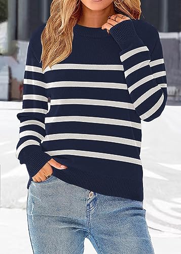 GUNEST Women’s Striped Navy Sweater Long Sleeve Crew Neck Ribbed Knit 2024 Fall Winter Pullover Sweater Tops for Fall Winter