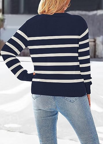 GUNEST Women’s Striped Navy Sweater Long Sleeve Crew Neck Ribbed Knit 2024 Fall Winter Pullover Sweater Tops for Fall Winter