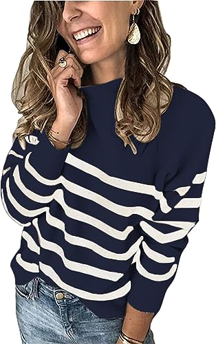 GUNEST Women’s Striped Navy Sweater Long Sleeve Crew Neck Ribbed Knit 2024 Fall Winter Pullover Sweater Tops for Fall Winter