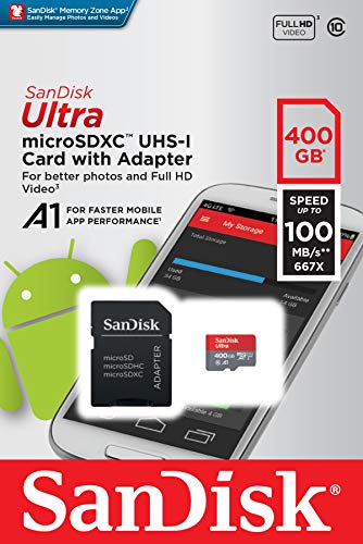 SanDisk 400GB Ultra MicroSDXC UHS-I Memory Card with Adapter - 100MB/s, C10, U1, Full HD, A1, Micro SD Card - SDSQUAR-400G-GN6MA