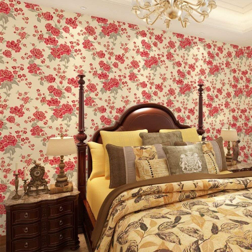 Red Floral Decorative Adhesive Paper Shelf Liner Peel and Stick Wallpaper for Kitchen Cabinets Drawers Countertops 17.7inch by 100inch (Red)