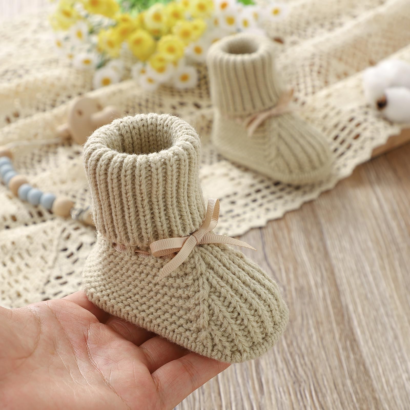 mimixiong Baby Booties Newborn Infant Hand Knitting Crochet Boy and Girl Cozy Shoes Camel 0-3 Months
