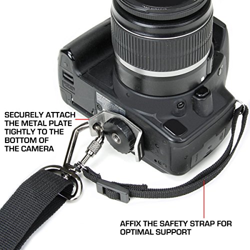 USA GEAR Camera Sling Shoulder Strap with Adjustable Neoprene, Safety Tether, Accessory Pocket, Quick Release Buckle - Compatible with Canon, Nikon, Sony and More DSLR and Mirrorless Cameras (Black)