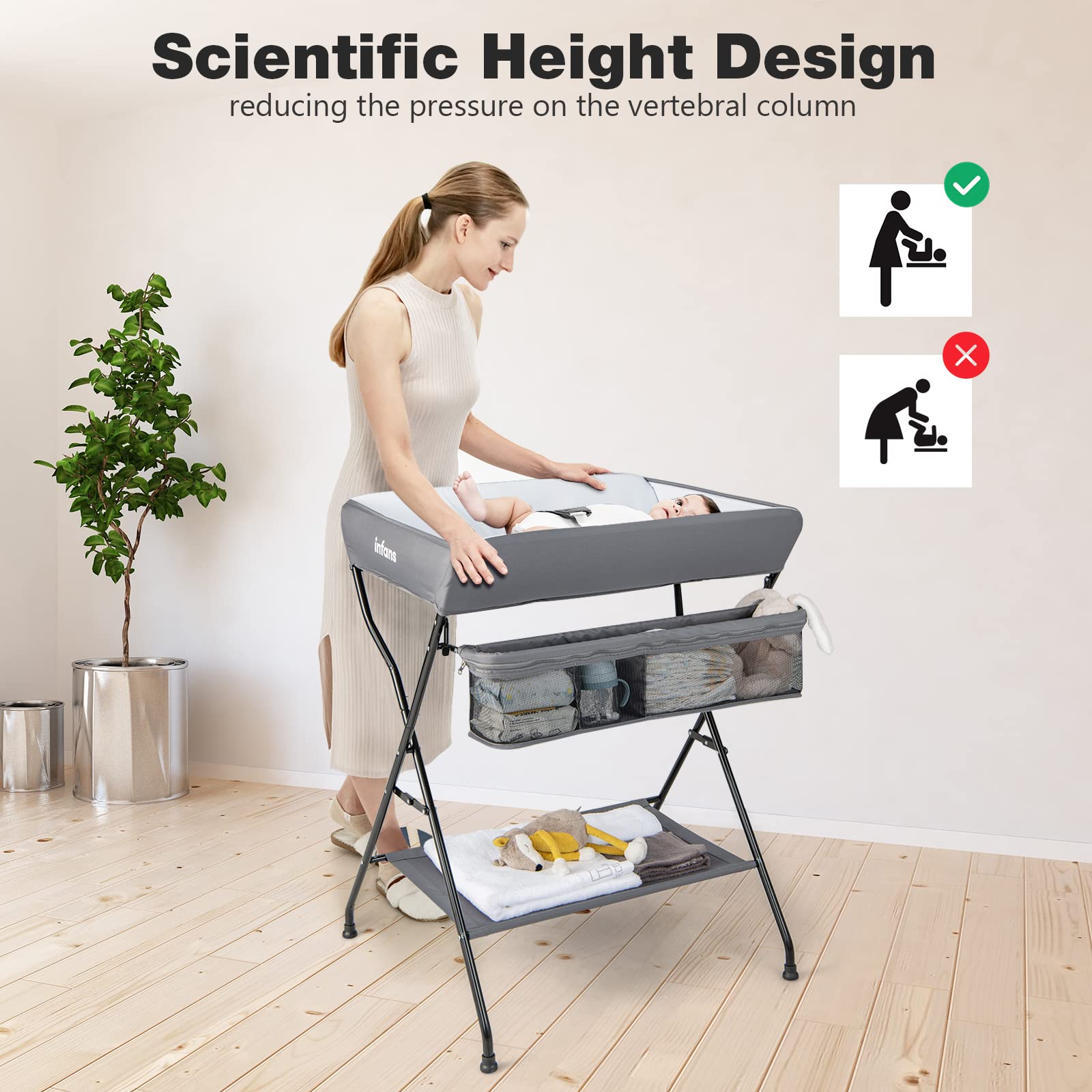 INFANS Baby Changing Table, Folding Diaper Station Portable Nursery Organizer with Safety Belt and Large Storage Racks for Newborn Baby and Infant (Grey)