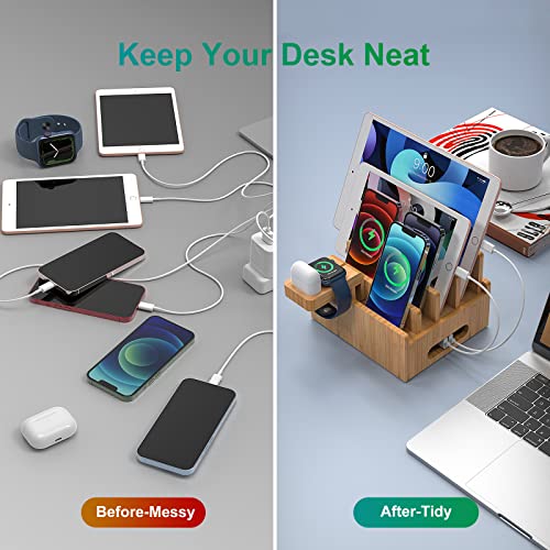 Bamboo Charging Station for Multiple Devices with 5 Port USB Charger, 6 Cables and Smart Watch & Earbuds Stand. Pezin & Hulin Desk Docking Stations Electronic Organizer for Cell Phone, Tablet