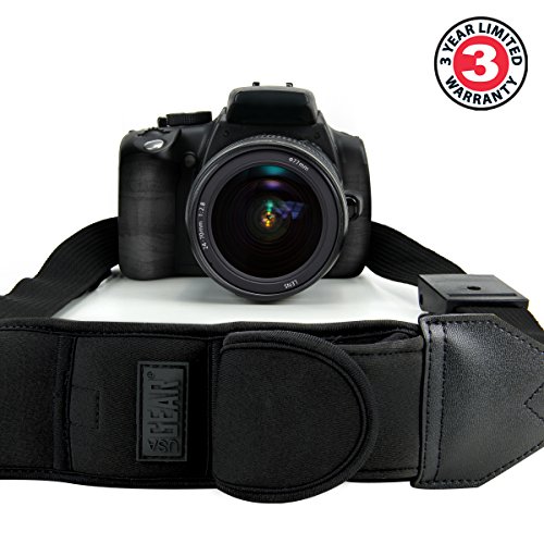 USA GEAR Camera Sling Shoulder Strap with Adjustable Neoprene, Safety Tether, Accessory Pocket, Quick Release Buckle - Compatible with Canon, Nikon, Sony and More DSLR and Mirrorless Cameras (Black)