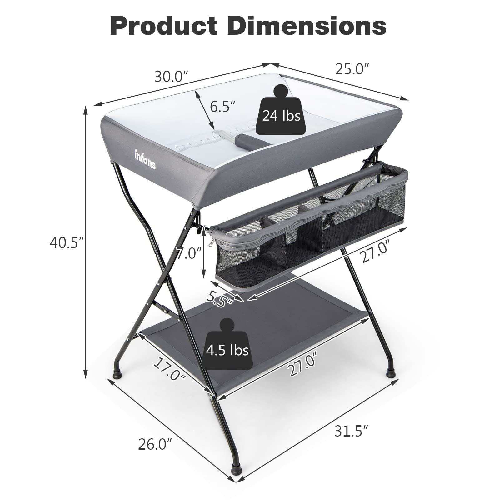 INFANS Baby Changing Table, Folding Diaper Station Portable Nursery Organizer with Safety Belt and Large Storage Racks for Newborn Baby and Infant (Grey)