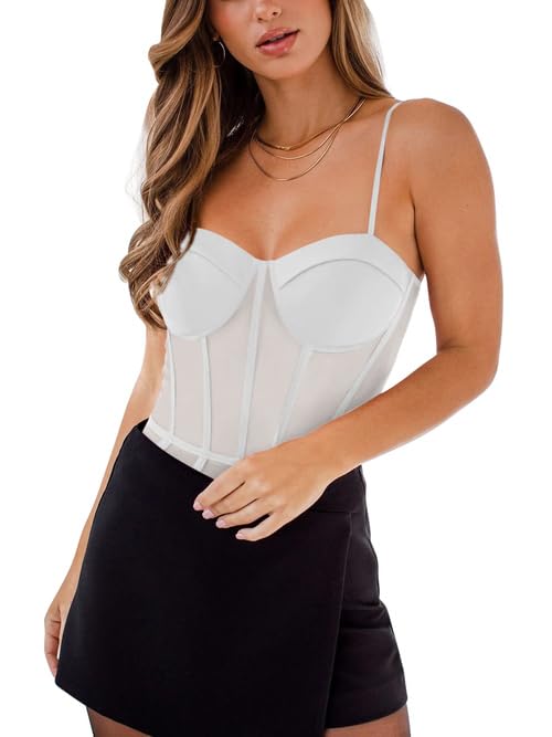 REORIA Women's Summer Sexy Mesh Sheer Spaghetti Strap Backless Going Out Slimming Bustier Corset Leotards Tummy Control Bodysuit Tank Top with Built in Bra (White Large)