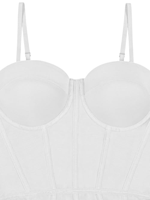 REORIA Women's Summer Sexy Mesh Sheer Spaghetti Strap Backless Going Out Slimming Bustier Corset Leotards Tummy Control Bodysuit Tank Top with Built in Bra (White Large)