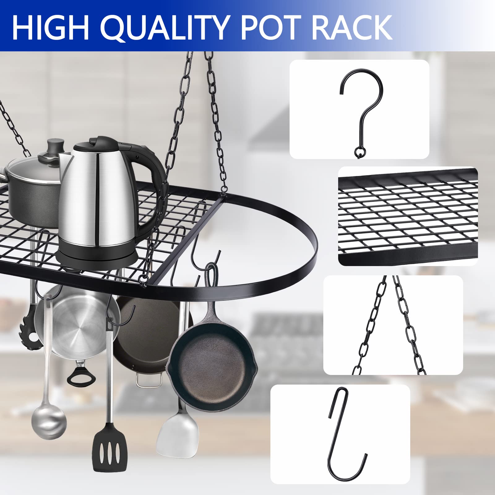 Vipush Ceiling Pot Rack, Pot and Pan Rack Mounted Cookware Storage Rack - Hanging Pot and Pan Hanging Rack Organizer with 10 Hooks for Kitchen Organization, 31.5 x 15.7inch