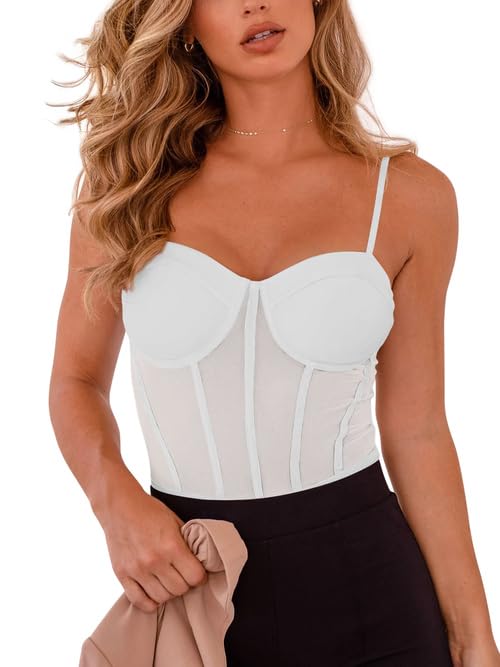 REORIA Women's Summer Sexy Mesh Sheer Spaghetti Strap Backless Going Out Slimming Bustier Corset Leotards Tummy Control Bodysuit Tank Top with Built in Bra (White Large)