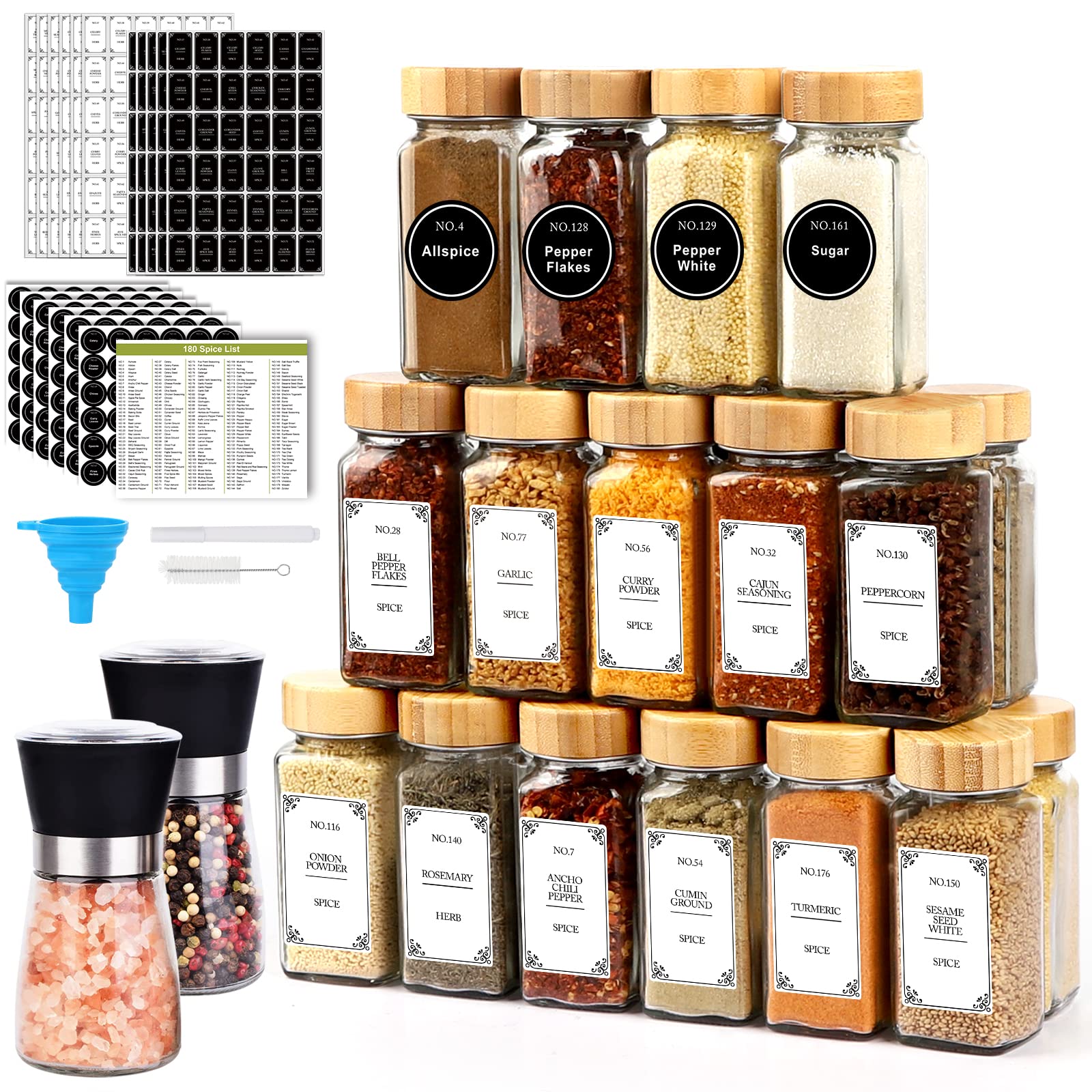 VIVAIVE Spice Jars with Labels,24 Pcs 4oz Glass Spice Jars with Bamboo Lid and 648 Waterproof Printed Labels,2 Salt and Pepper Grinder Set,Empty Spice Containers Bottles for Pantry,Cabinet,Drawer