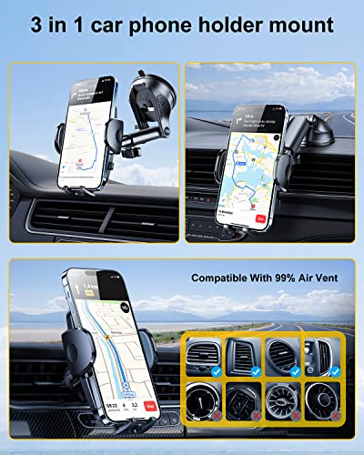 Rorhxia 2023 Upgraded Car Phone Holder Mount [Groundbreaking Protection & Rotatable Base] 3 in 1 Dashboard Vent Windshield Cell Phone Holder Car Fit for iPhone 14 13 12 Pro Max Samsung S23 All Phones
