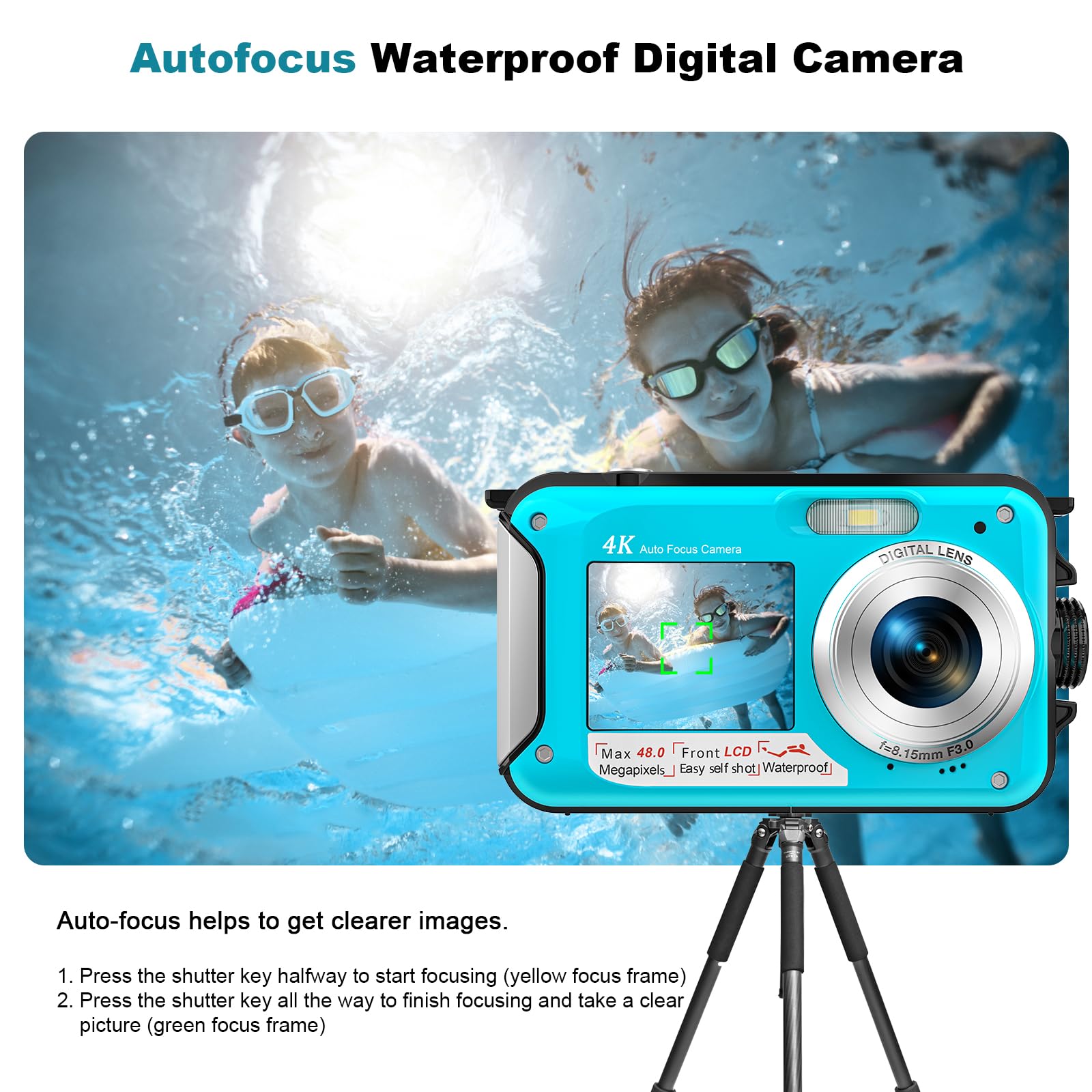 Waterproof Digital Camera 4K 48MP 11FT Autofocus 16X Digital Zoom Waterproof Camera with 32G Card Selfie Dual Screens Underwater Camera