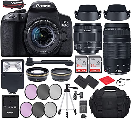 Canon Intl. EOS 850D (T8i) DSLR Camera with EF-S 18-55mm f4-5.6 is STM, EF 75-300mm III Lens Bundle, Travel Kit Accessories (Gadget Bag, Extra Battery, Digital Slave Flash, 128Gb Memory+More), Black