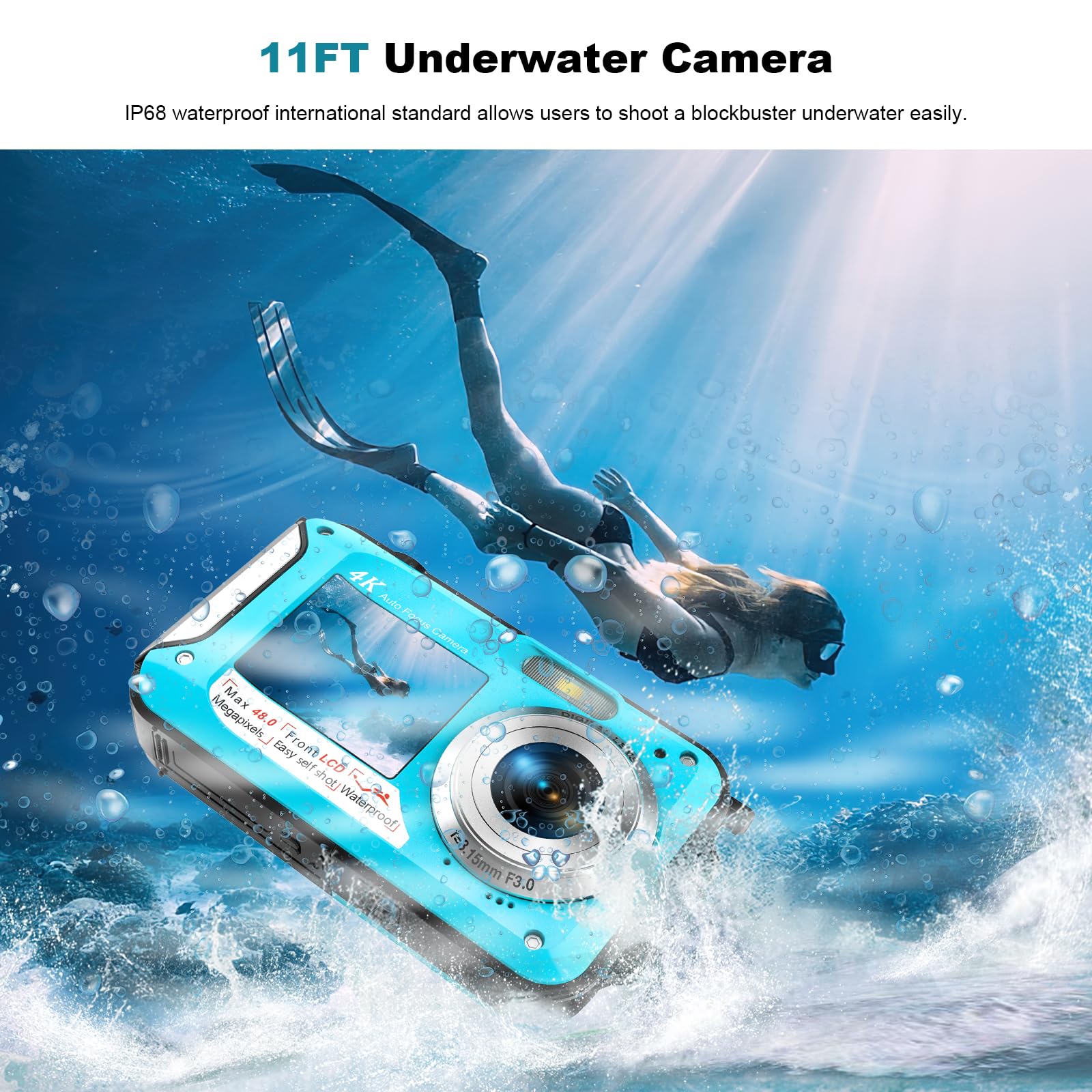 Waterproof Digital Camera 4K 48MP 11FT Autofocus 16X Digital Zoom Waterproof Camera with 32G Card Selfie Dual Screens Underwater Camera