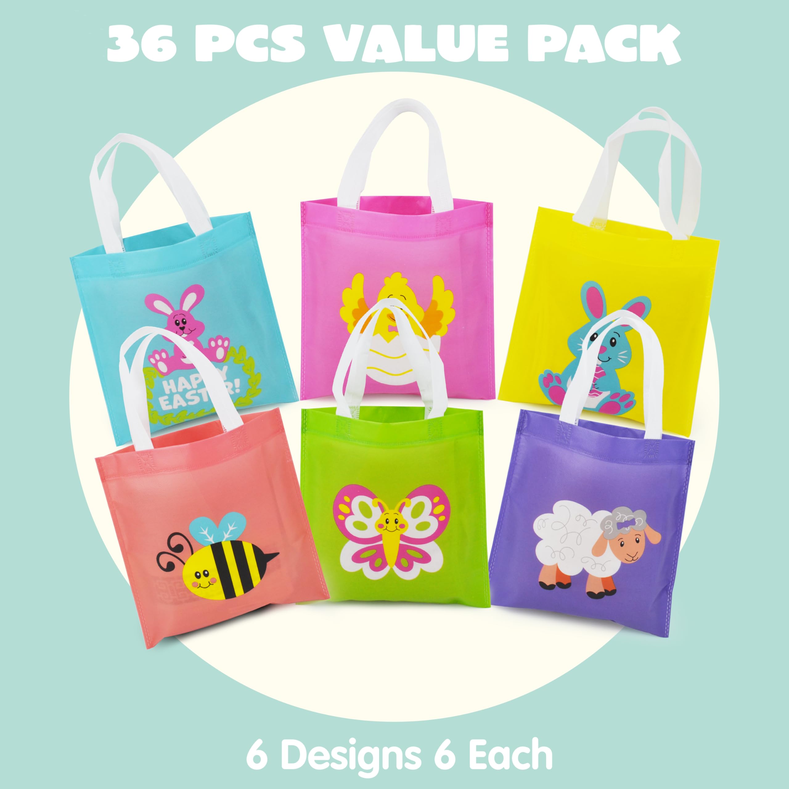 JOYIN 36 PCS Easter Gift Bags, Non Woven Easter Tote Bags with Handles Party Treat Bags for Gifts Wrapping, Egg Hunt Game, Easter Party Supplies