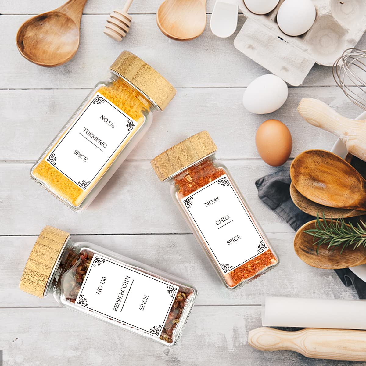VIVAIVE Spice Jars with Labels,24 Pcs 4oz Glass Spice Jars with Bamboo Lid and 648 Waterproof Printed Labels,2 Salt and Pepper Grinder Set,Empty Spice Containers Bottles for Pantry,Cabinet,Drawer