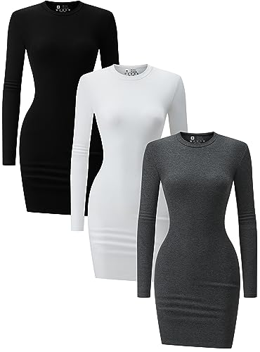 Flutnel 3 Piece Women's Winter Ribbed Dress Round Neck Slim Long Sleeve Bodycon Mini Dresses